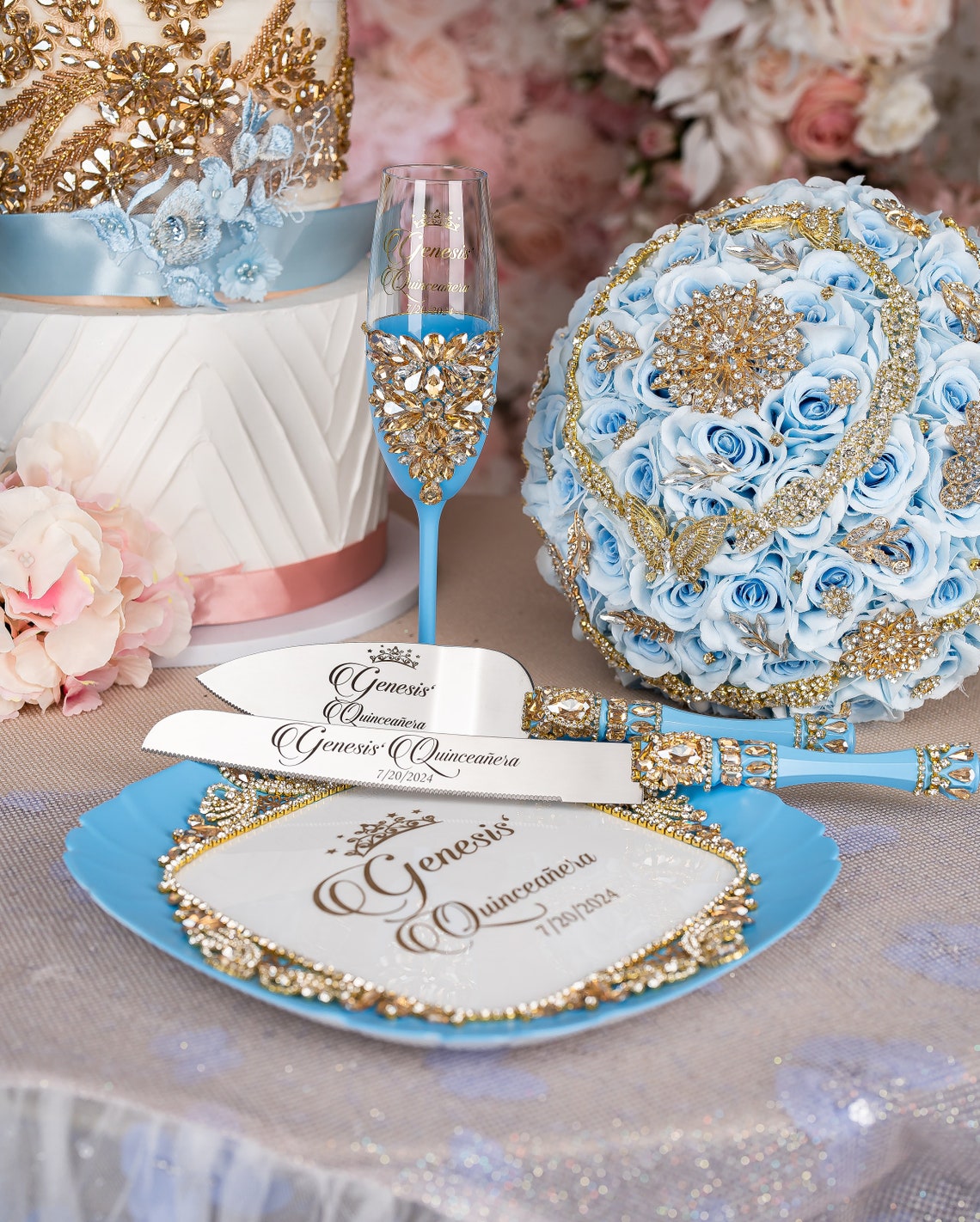 Copas De Quinceanera Baby Blue Gold, Brindis De Quinceanera Light Blue ...