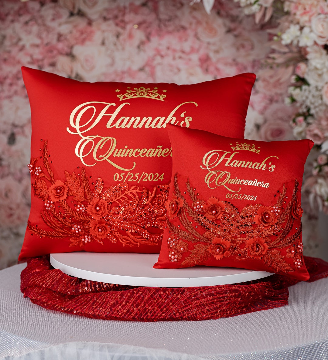 Red Quinceanera Pillows Set, Red Tiara Pillow, Red Gold Kneeling Pillow ...