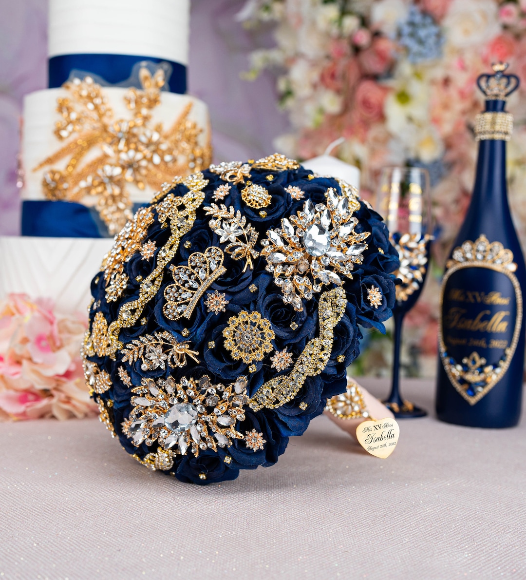 Navy Quinceanera Bouquet, Navy Quince Decor, Quinceanera Ramo, Navy ...