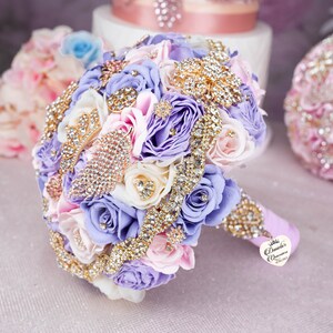 Lavander Pink Gold Quinceanera Bouquet, Lilac Pink Quince Brooch ...