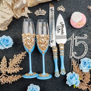 Copas De Quinceanera Baby Blue Gold, Brindis De Quinceanera Light Blue ...