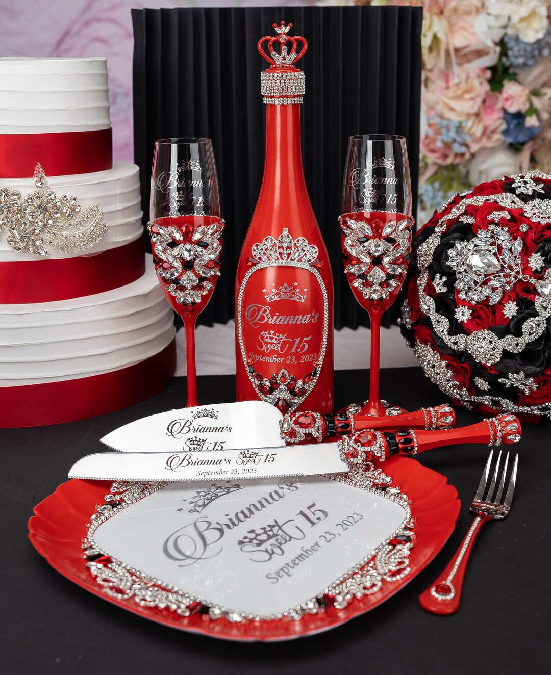 Red Black Quinceanera Toasting Package, Black Red Quinceanera Glasses ...