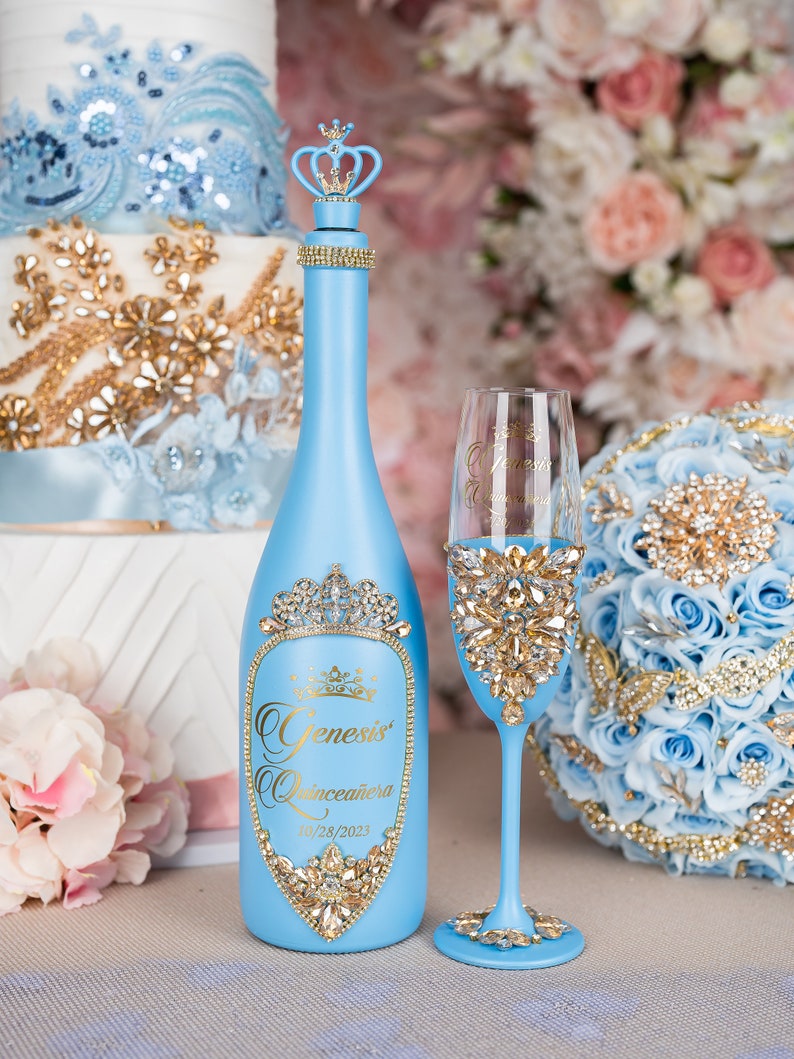 Copas De Quinceanera Baby Blue Gold, Brindis De Quinceanera Light Blue ...