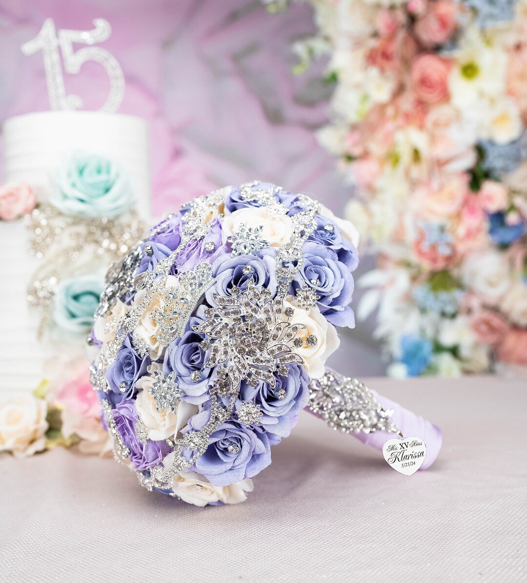 Lilac Gold Silver Quinceanera Bouquet, Lilac Ivory Ramo, Lavander ...
