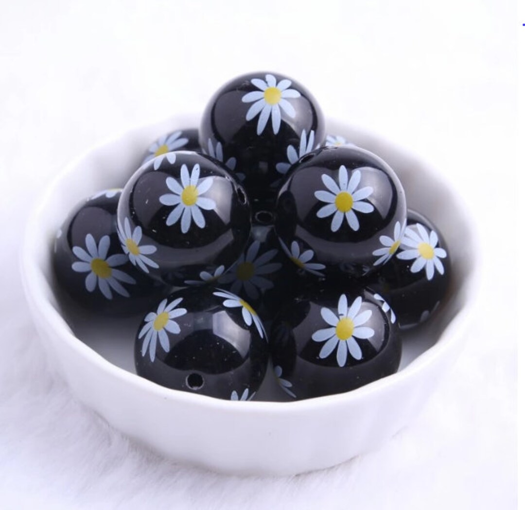 20mm Black and White Daisy Beads | Daisy Printed Beads | 20mm Beads ...