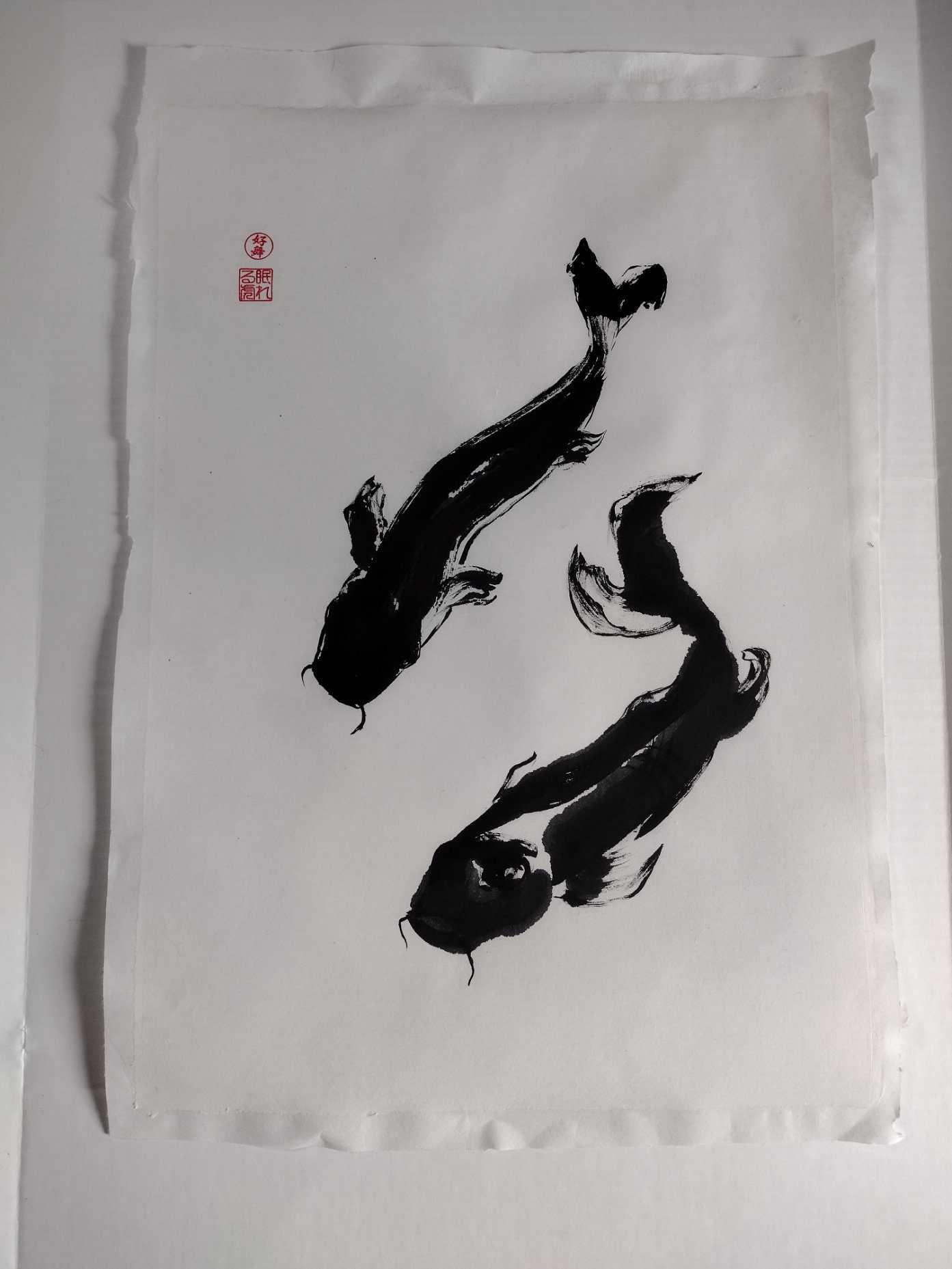 Large Original Japanese Koi Fish Painting Sumi-e Ink Minimalist Wall ...
