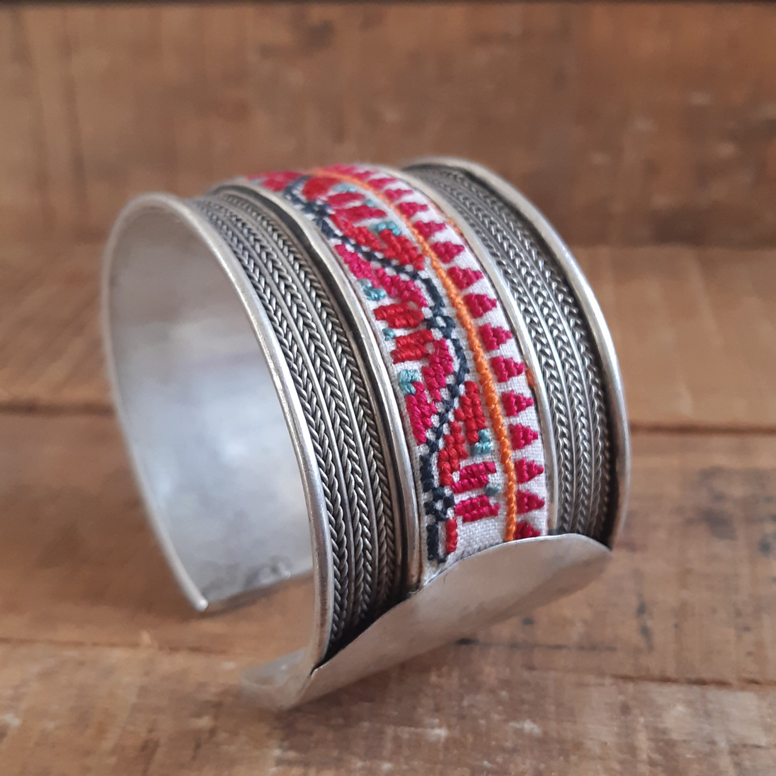 Cross Stitch Embroidery Cuff - Adjustable - Unique - Ethnic - Chic ...