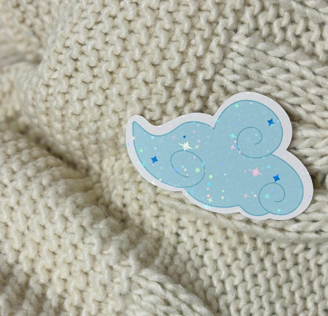 Cute Blue Kawaii Cloud Holographic Water Bottle Sticker, Stickers ...