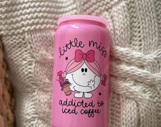 Pink Little Miss Addicted to Iced Coffee Glass Cup, Glass Tumbler With ...