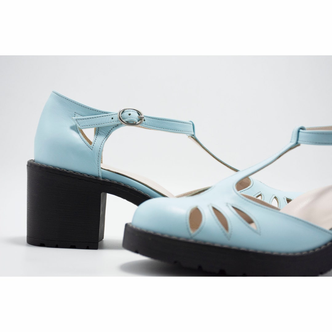 Mary Janes Shoes Platform,light Blue Platform Mary Janes,leather Shoes ...