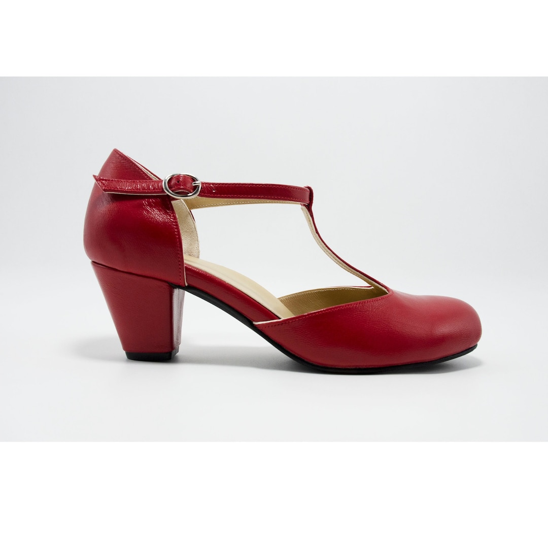 Red Mary Janes With T Strap,open Sides Leather Shoes,heeled Red Sandals ...