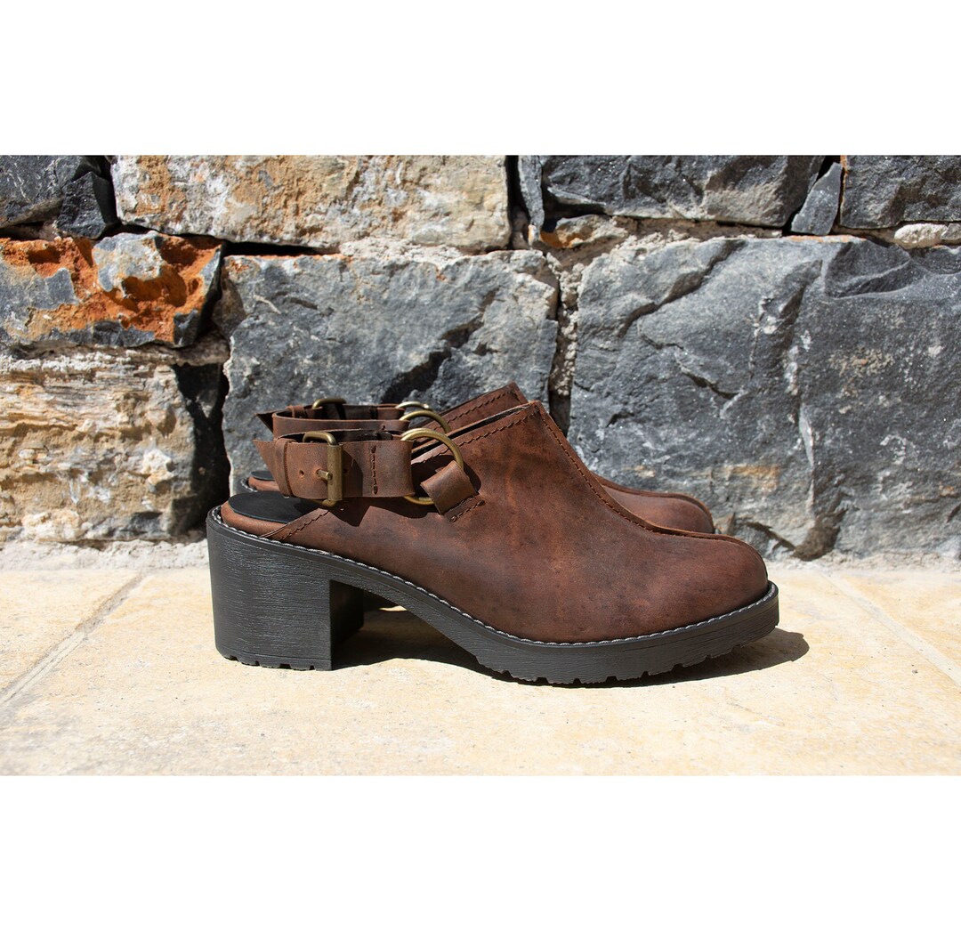 Brown Crazy Horse Leather Clogs,clog Sandals,mid Heel Slingbacks ...