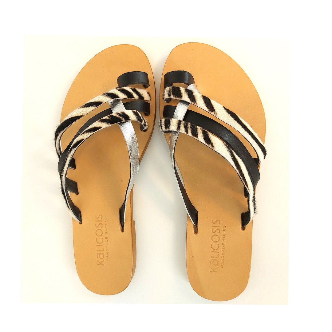 Zebra Print Toe Ring Sandals, Black & Silver Leather, Greek Handmade - Etsy