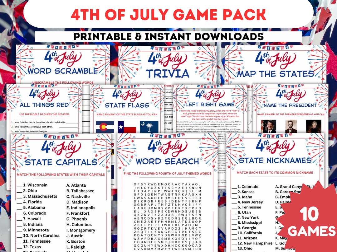4th of July Printable Family Game Collection Fourth of July Kids Games ...