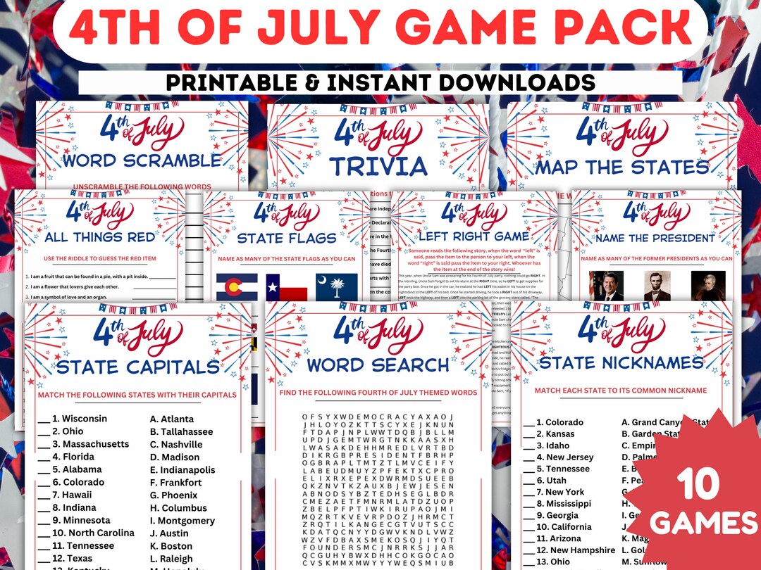 4th of July Printable Family Game Collection Fourth of July Kids Games ...