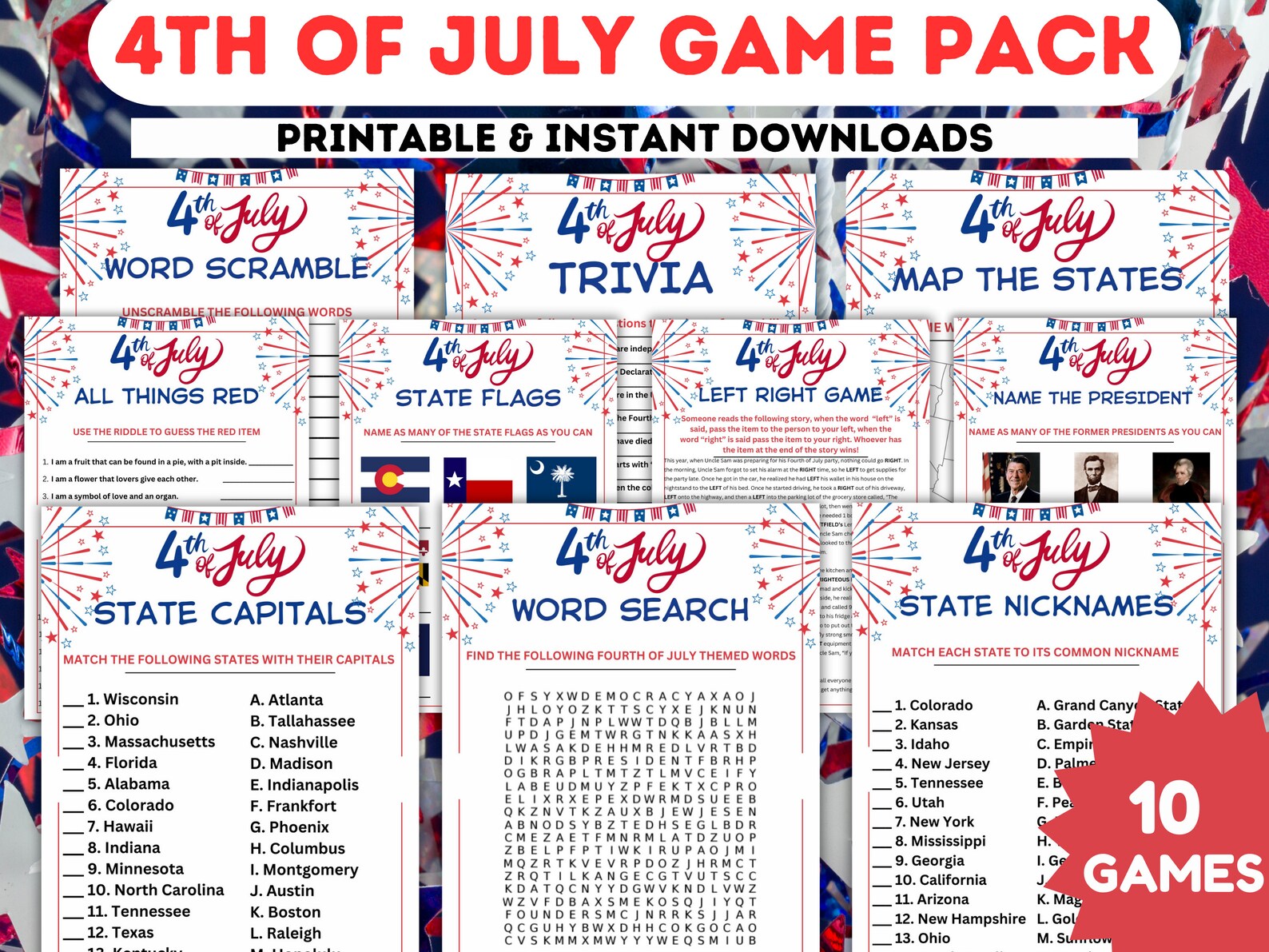 4th of July Printable Family Game Collection Fourth of July Kids Games ...