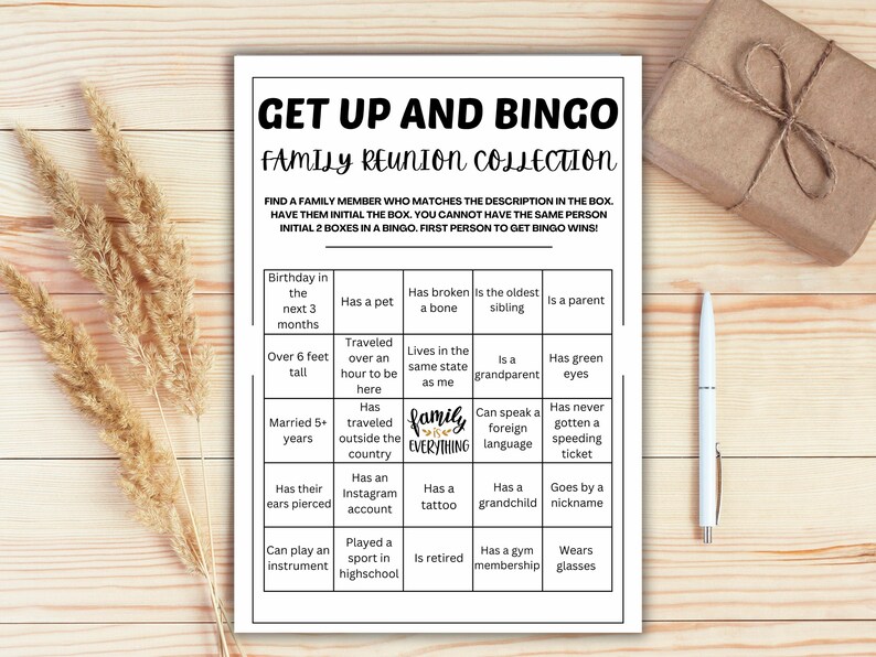 Family Reunion Bingo Game | Get up and Bingo | Find the Guest Bingo ...