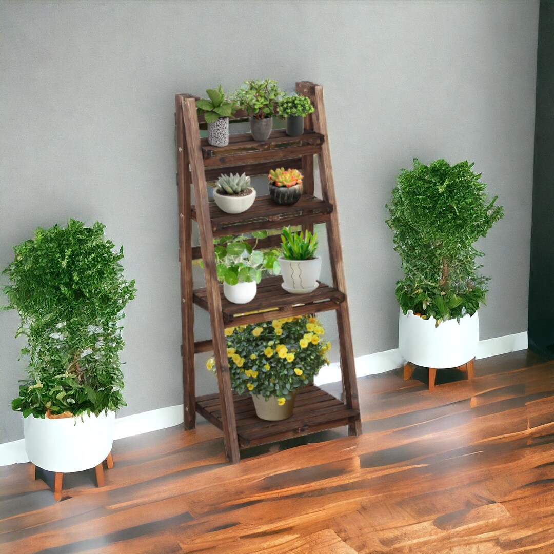 Wooden Ladder Shelf Plant Shelf, Multiple Tired Shelf Sturdy and ...