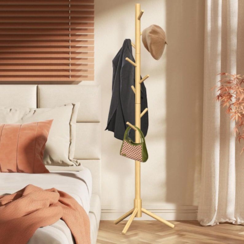 Coat Rack Freestanding, Wooden Coat Tree, Adjustable Height Floor ...
