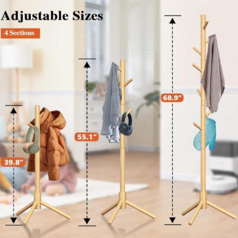 Coat Rack Freestanding, Wooden Coat Tree, Adjustable Height Floor ...
