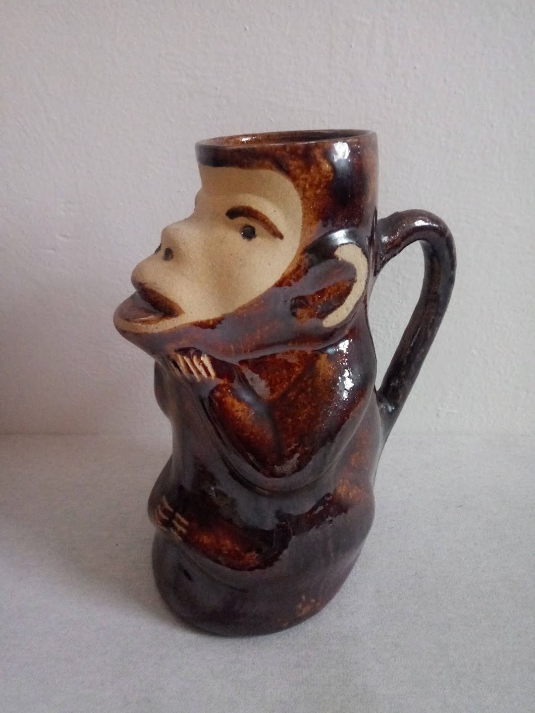 Monkey Ceramic Pitcher Vase in Glazed Chocolate-brown, Quirky Jungle ...