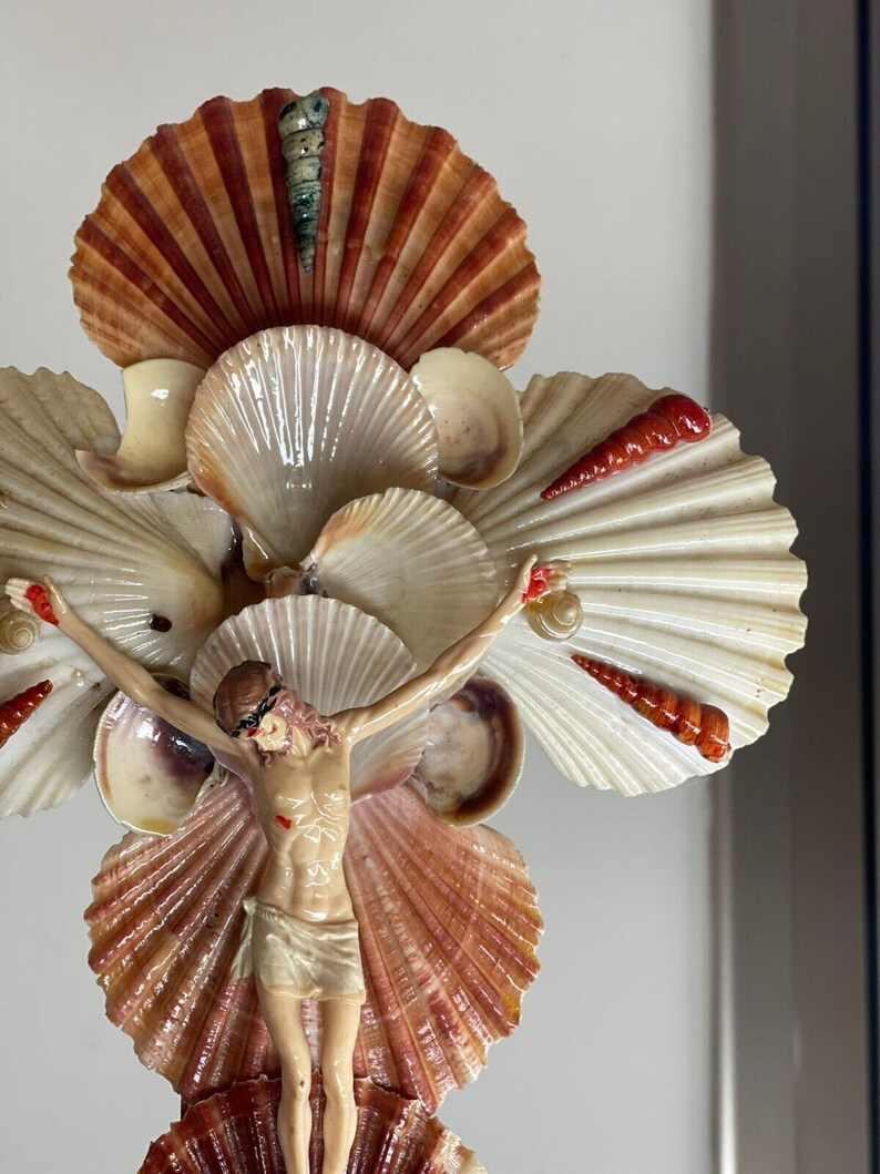 French Jesus Cross Seashell Handmade Vintage Figurine Patience Statue ...