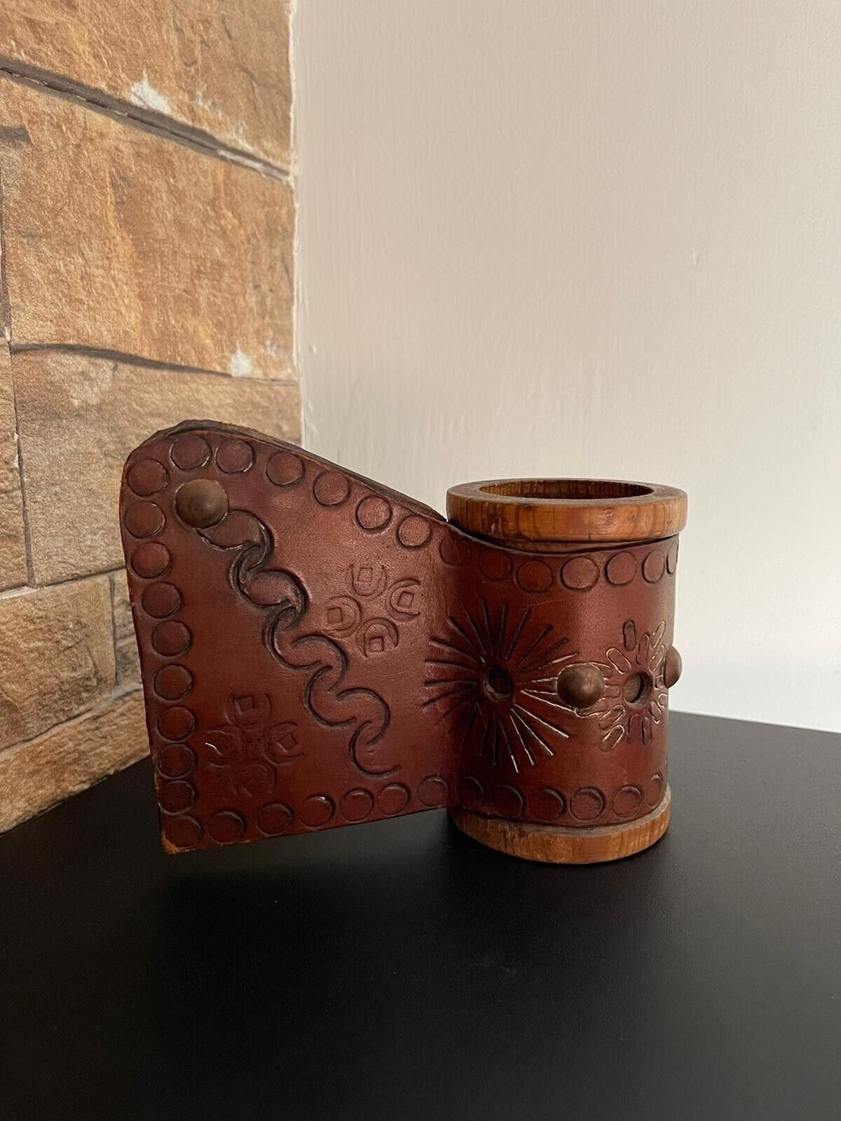 Vintage Wood Pencil Cup Tooled Leather Poker Dice Cup Souvenir Brass ...
