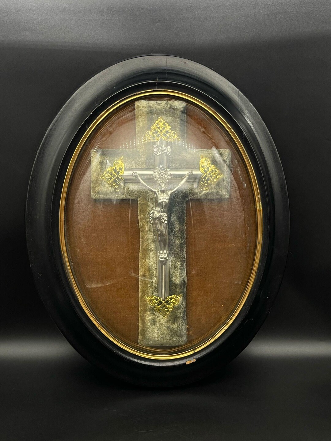 Antique French Convex Glass Crucifix: 1800s Silver Cross, Velvet Frame ...