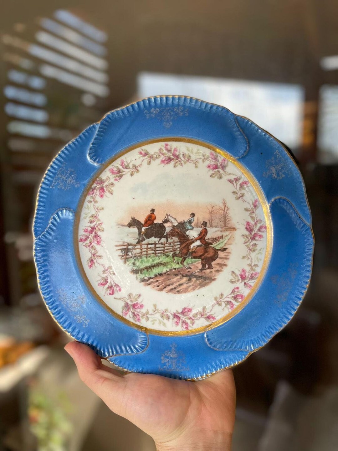 Antique Belgian Marked Plate Porcelain Hand Painted Horses and Flowers ...