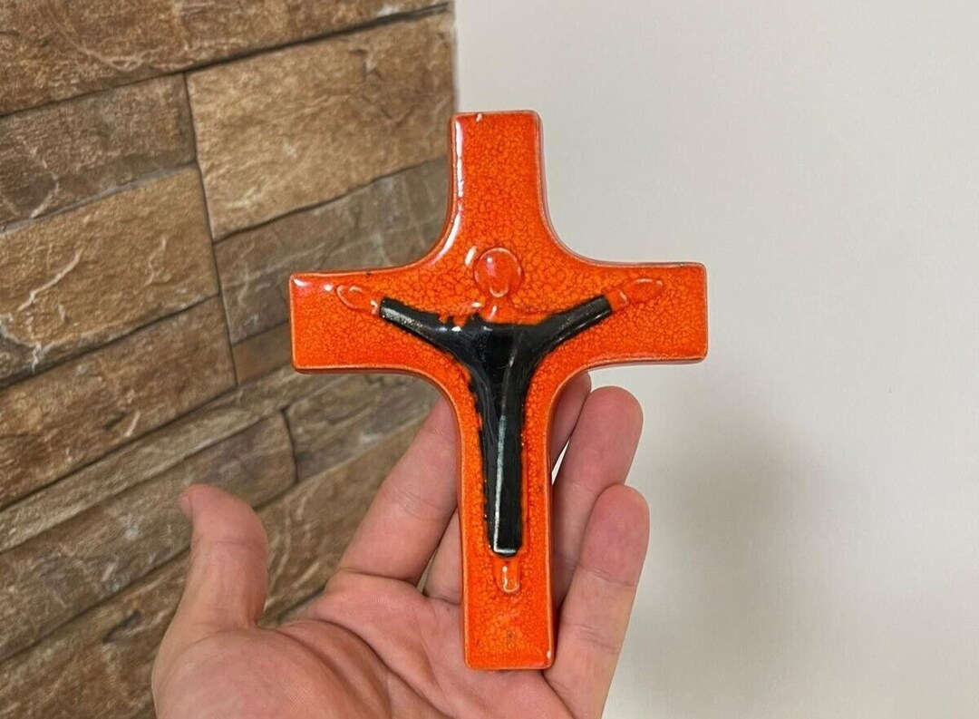 Vintage Wall Cross Religious Ceramic Wall Hanging Crucifix Orange Rare ...