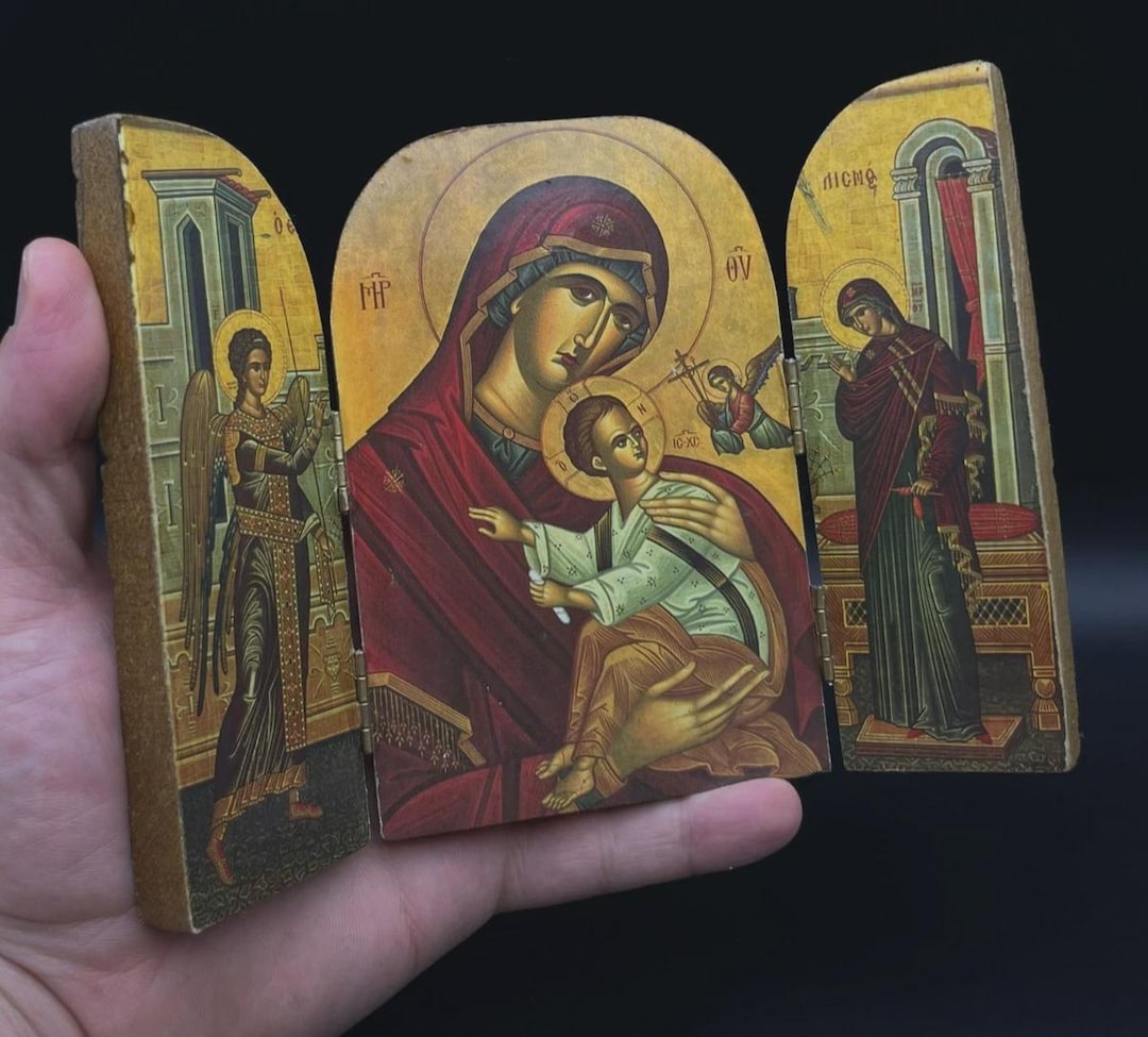 Vintage Hand-carved Wood Triptych Icon – Mary & Child – Orthodox ...