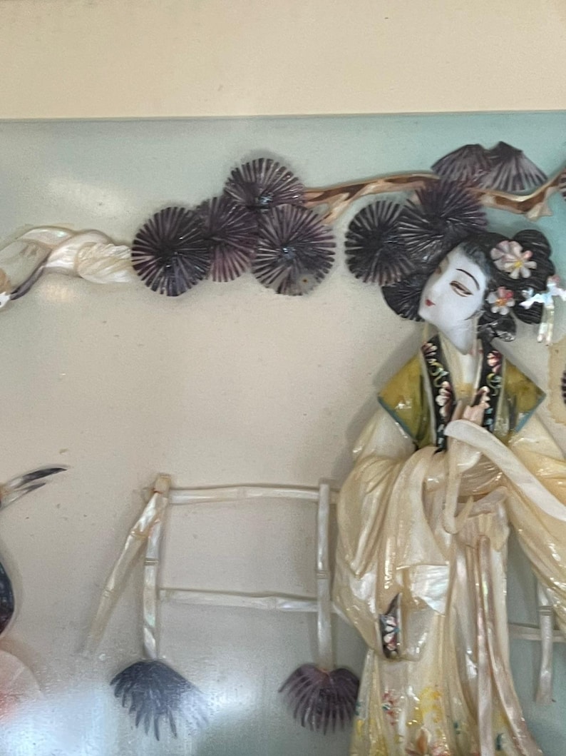 Rare Art Vintage Asian Shell Art Geisha Framed Shadow Wood Black Frame ...