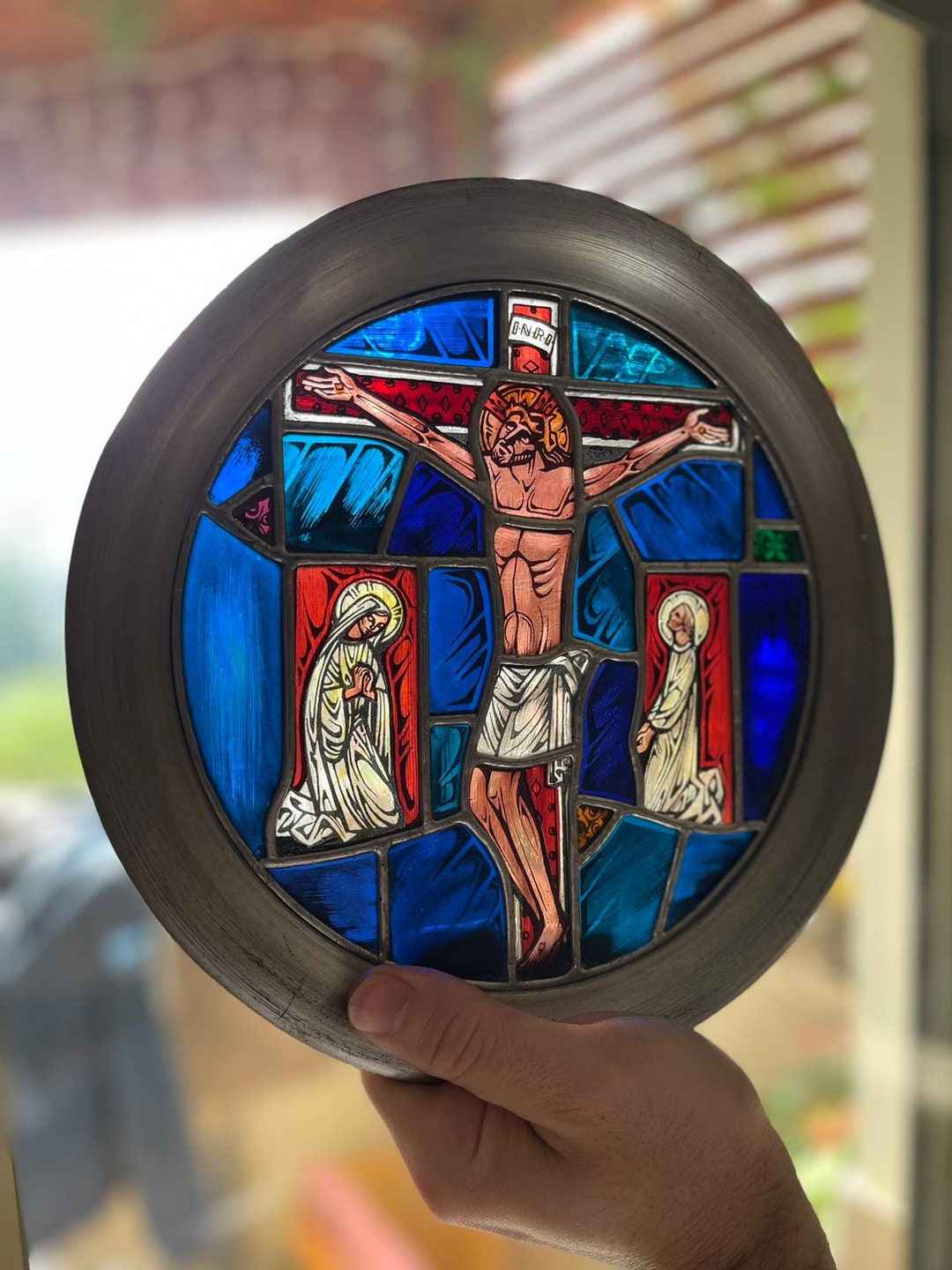 Vintage Jesus Crucifix Glass Colorful Church Window Tray Aluminum ...