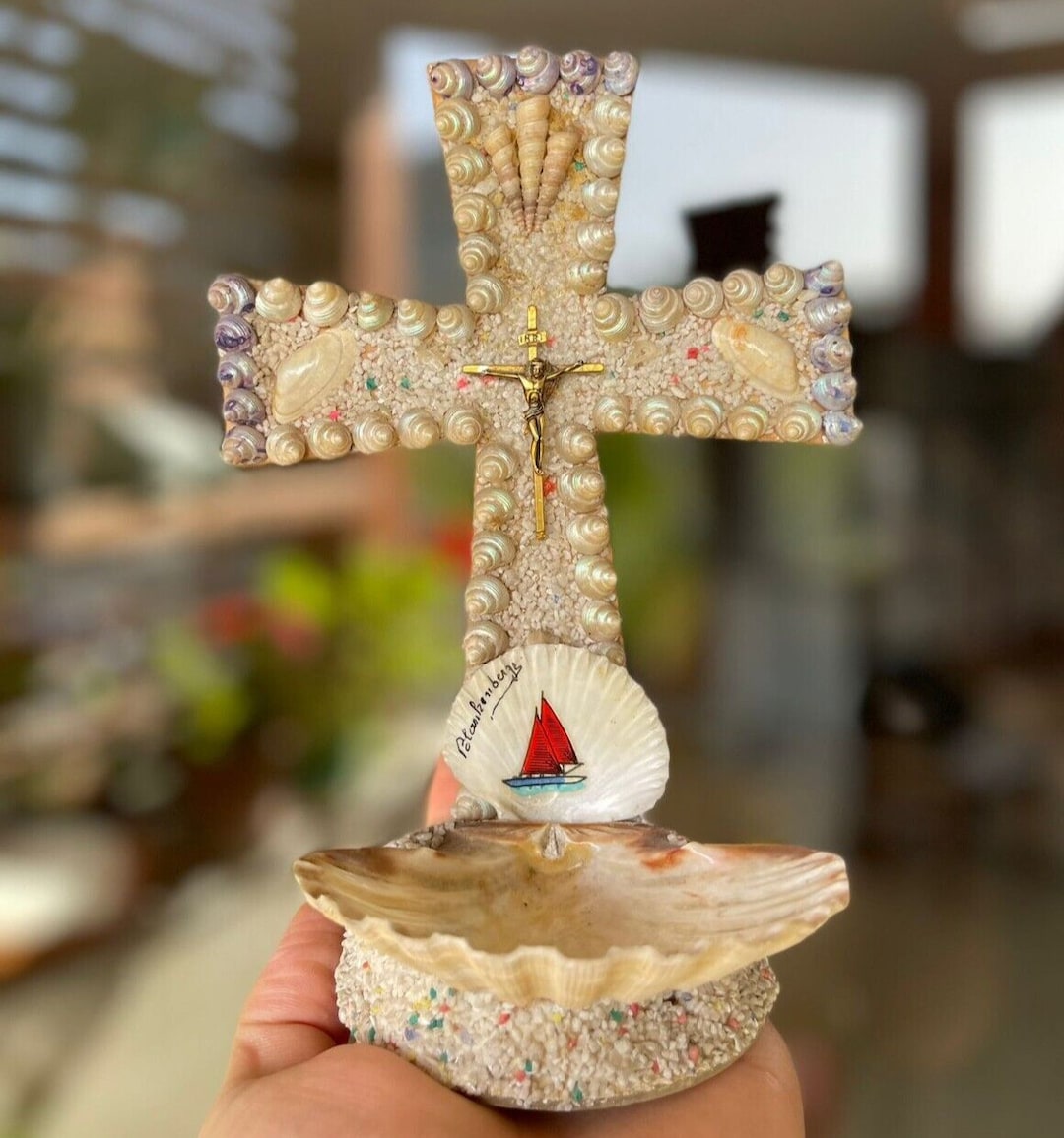 Vintage French Seashell Holy Water Font Benitier Jesus Cross Religious ...