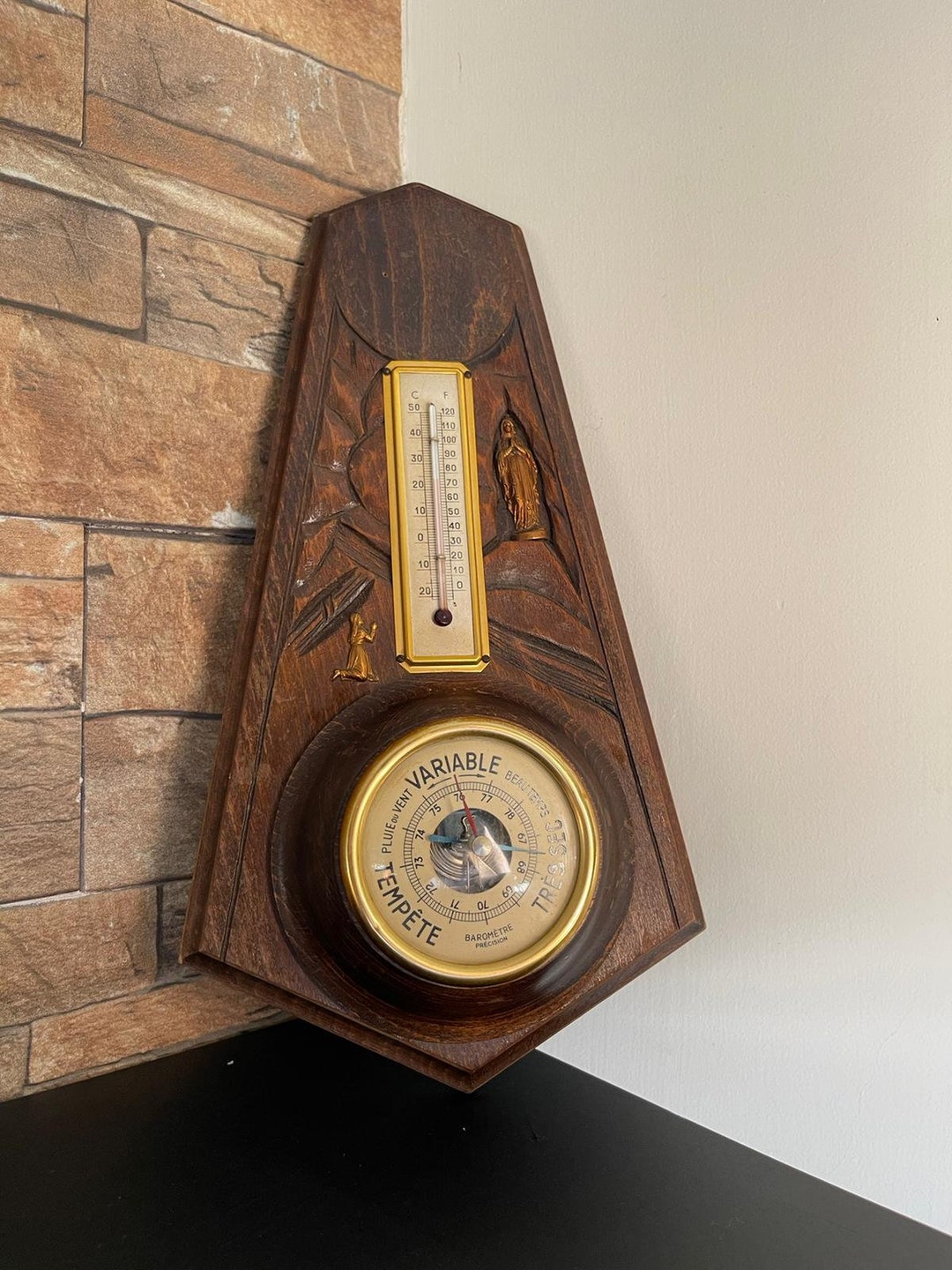 Mary Lourdes Carved Wood Cased Barometer and Thermometer Rare Handmade ...