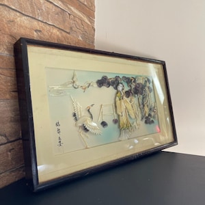 Rare Art Vintage Asian Shell Art Geisha Framed Shadow Wood Black Frame ...