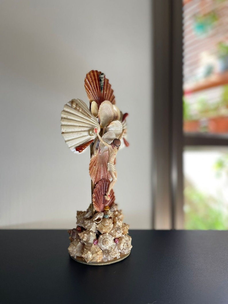 French Jesus Cross Seashell Handmade Vintage Figurine Patience Statue ...