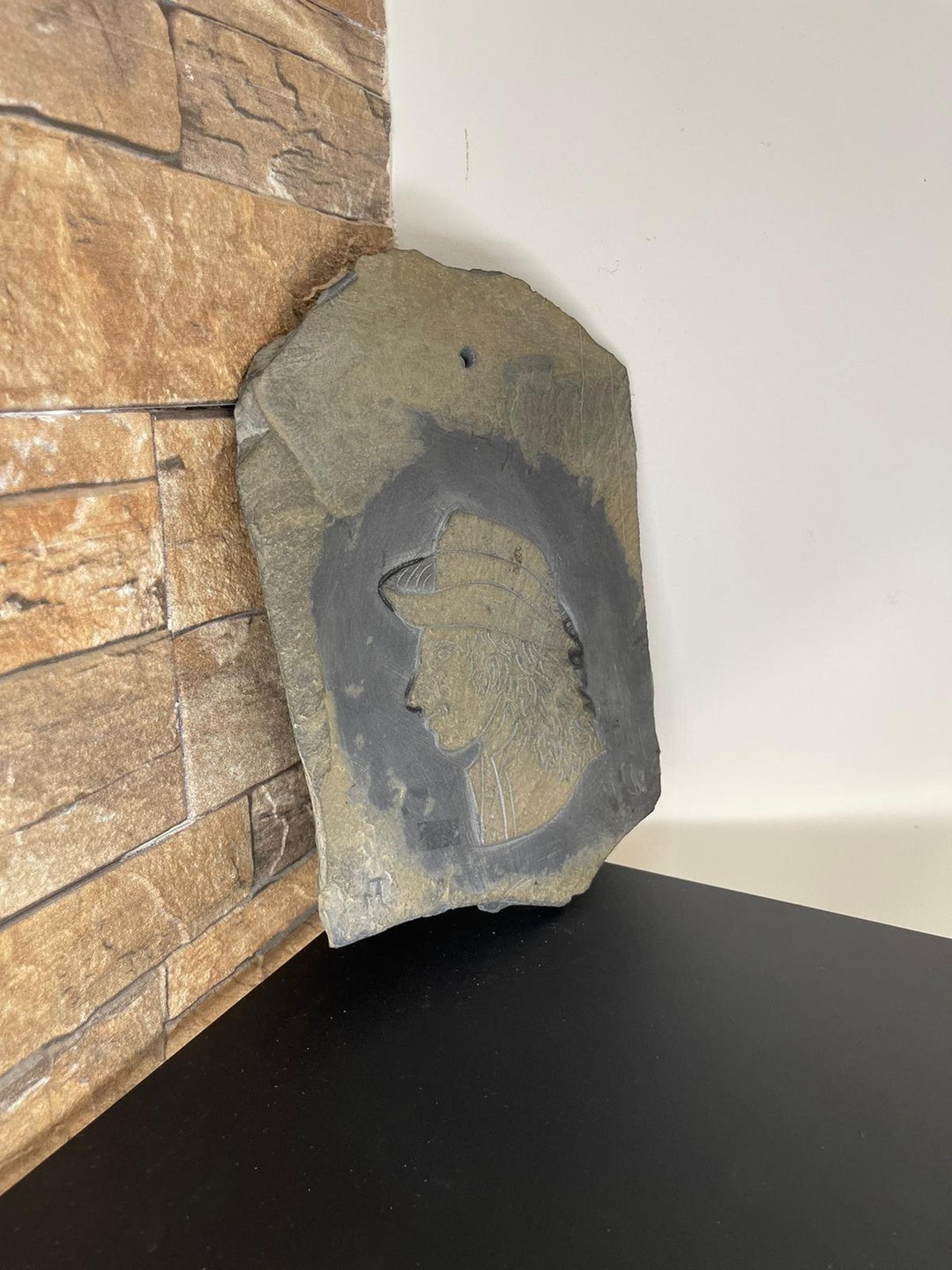 Slate Vintage Carved Slate Stone Art Plaque Cowboy Carved and Signed ...