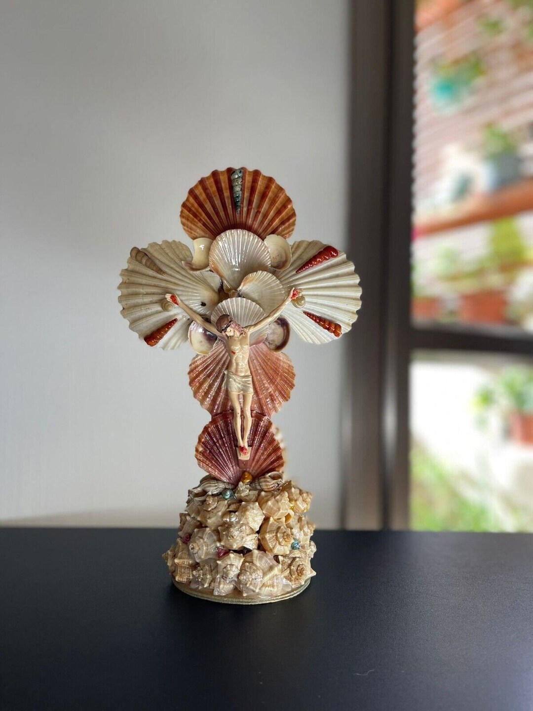 French Jesus Cross Seashell Handmade Vintage Figurine Patience Statue ...