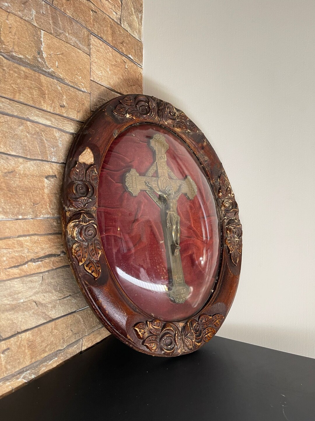 French Antique Cross , Ornate Frame 1800s, Glass Oval, Convex, Red ...