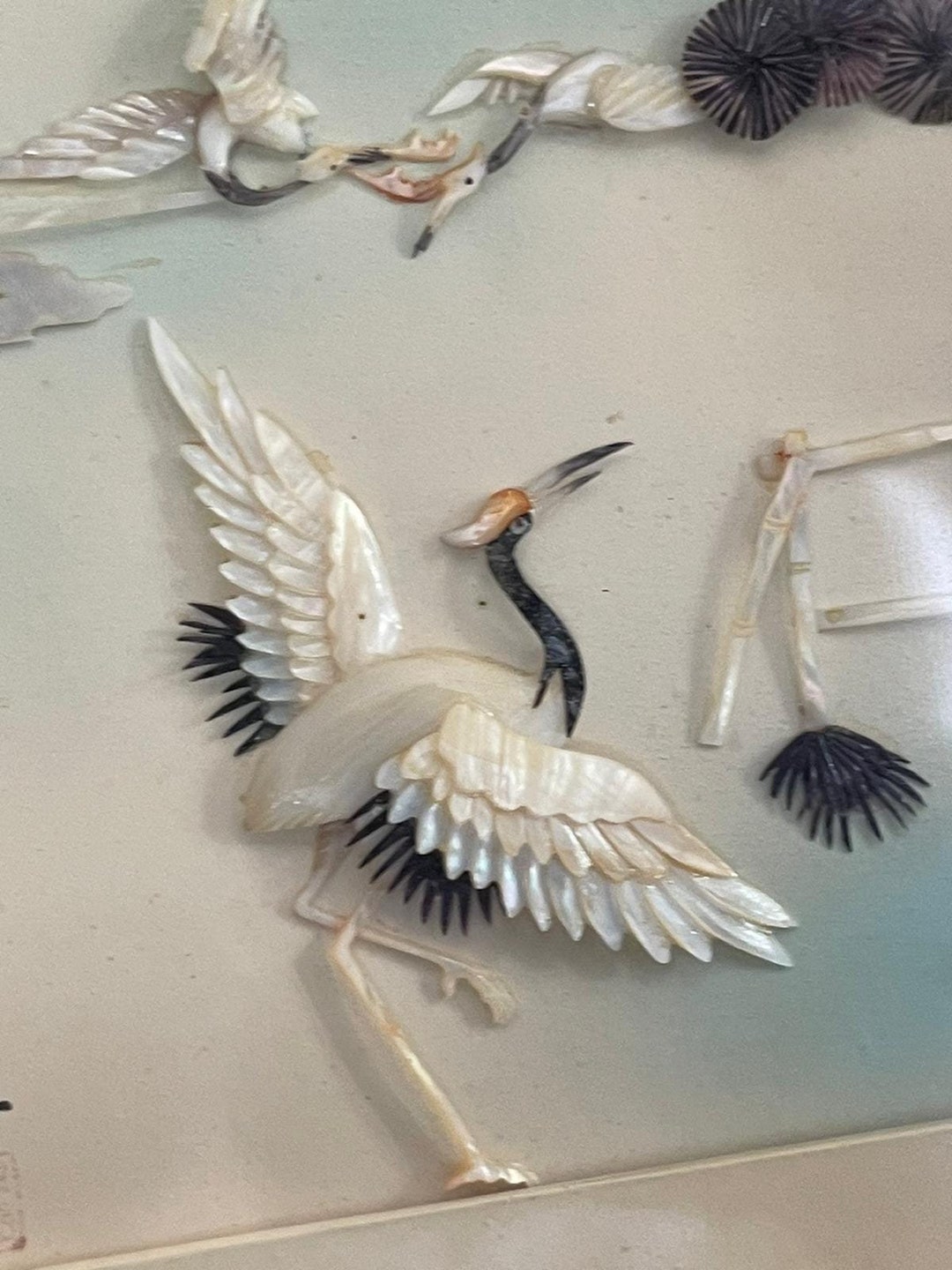 Rare Art Vintage Asian Shell Art Geisha Framed Shadow Wood Black Frame ...