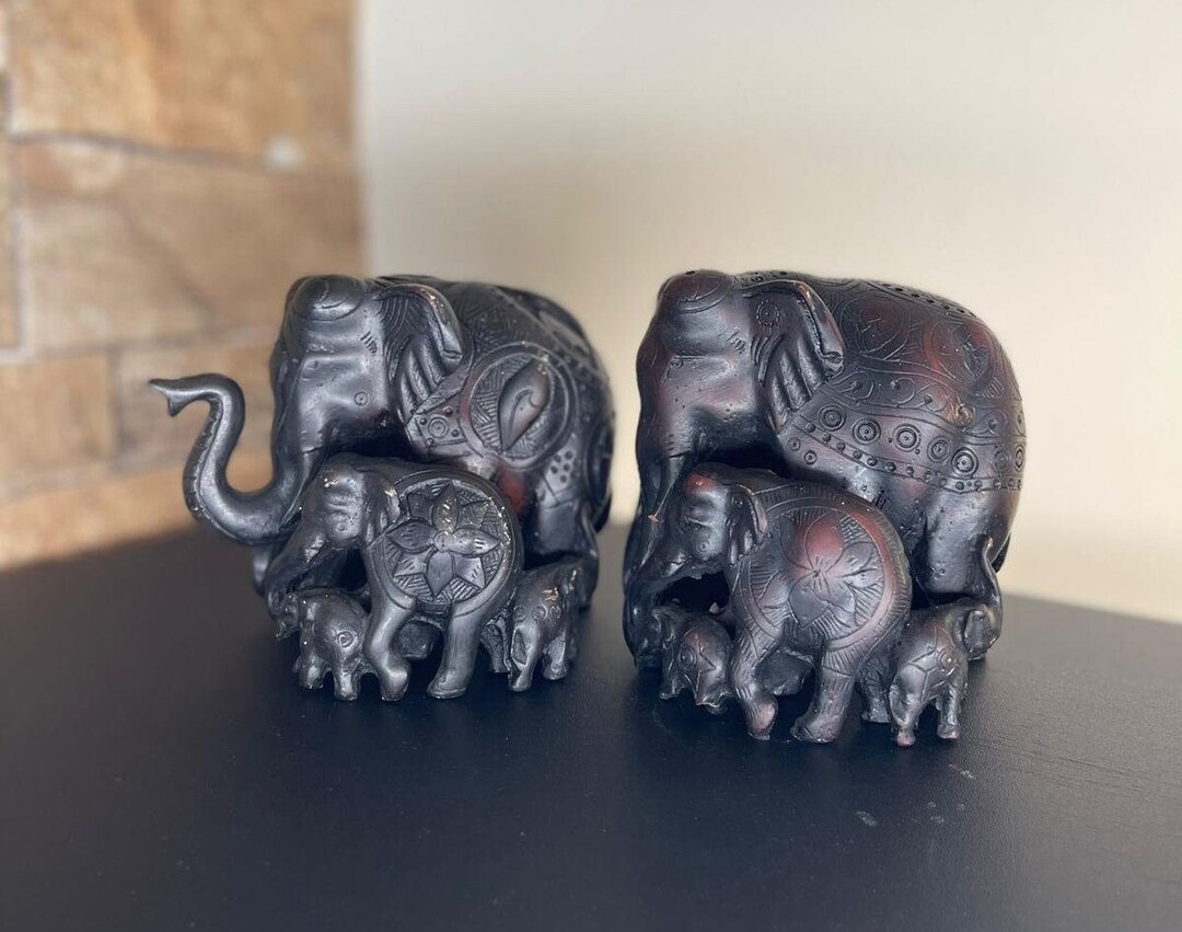 2 Statue of Elephant Family Handmade Sculpture Rare Vintage Animal ...