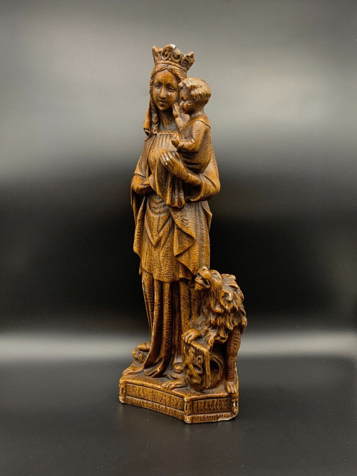Large Antique Chalkware Religious Madonna Statue Figurine Flanders Lion ...