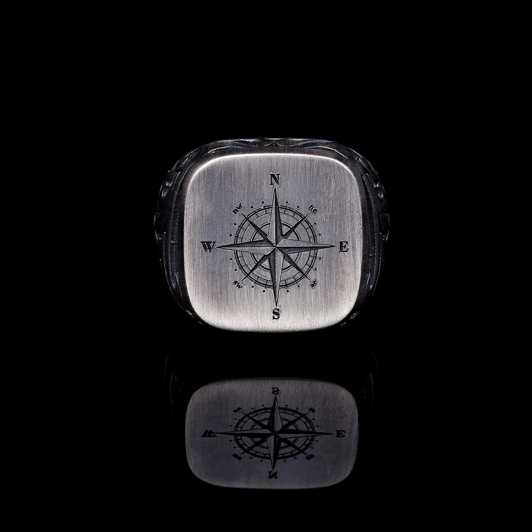 North Star in Compass Mens Signet Ring in 925 Sterling Silver,compass Signet Ring, Compass ...