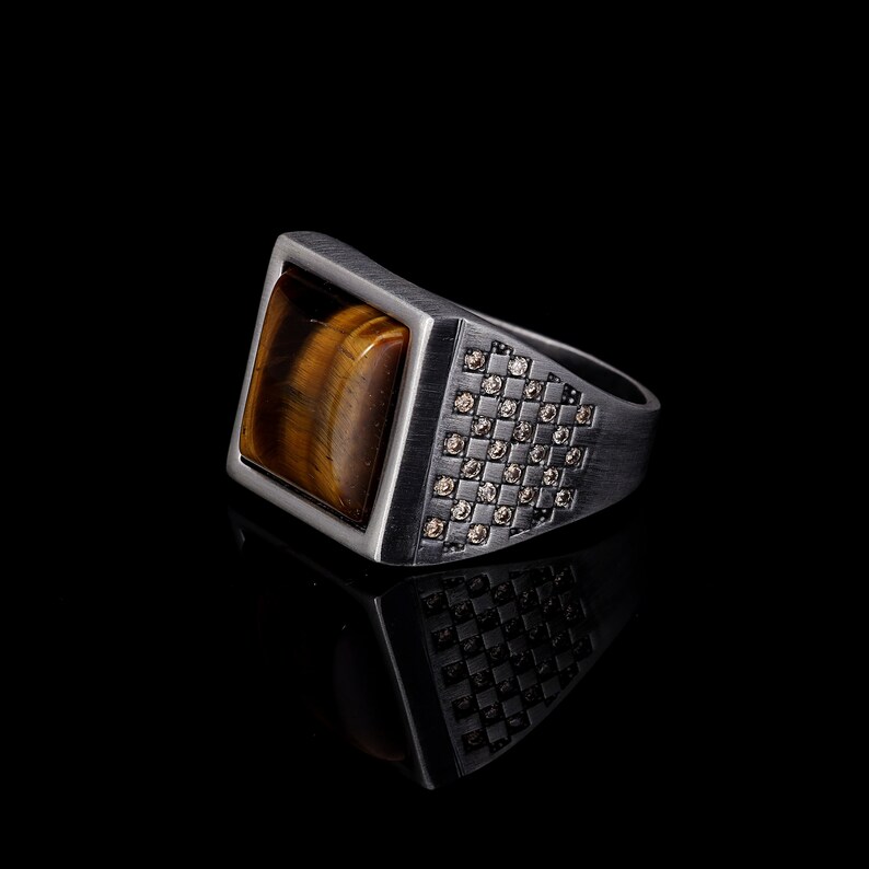 Mens Square Tiger Eye Minimal Ring in Silver, Handmade Tiger Stone Ring ...