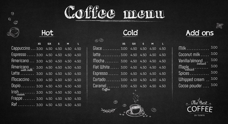 Coffee Menu Template, Drinks Menu, Cafe Menu, Instant Download, Hand ...