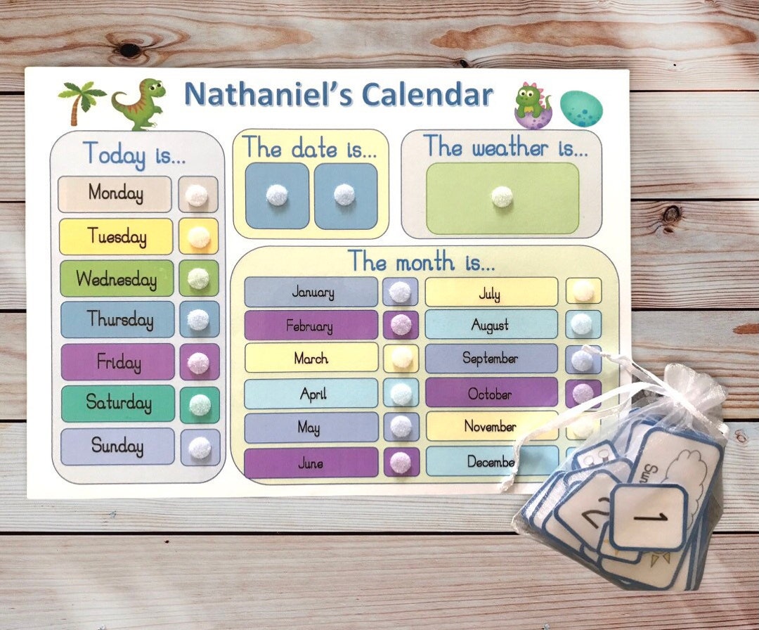 Personalised Interactive Calendar, Dinosaur Theme, Day, Date, Months of ...