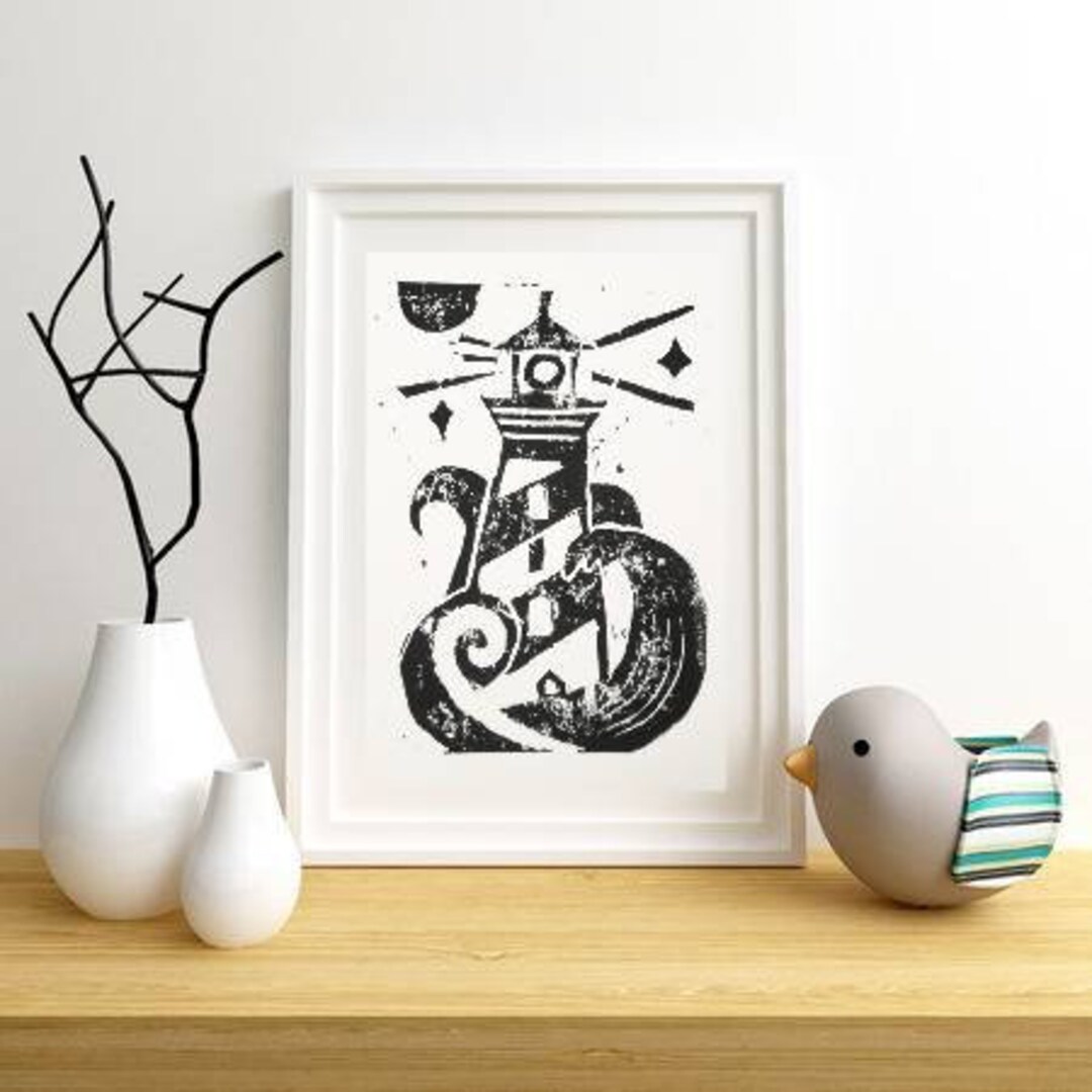 Linocut Lighthouse Waves Marine A5 Wall Poster Decoration Illustration ...