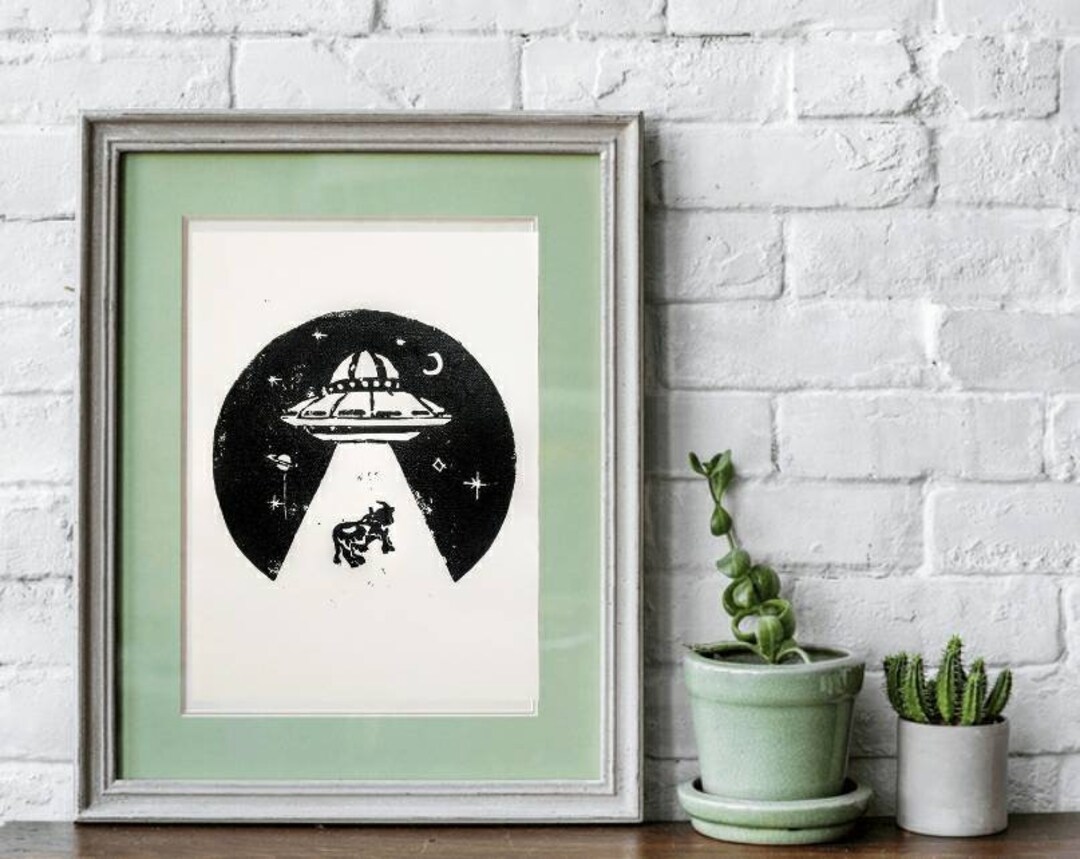 Linocut Alien UFO Space A4 Wall Poster Decoration Illustration Printing ...
