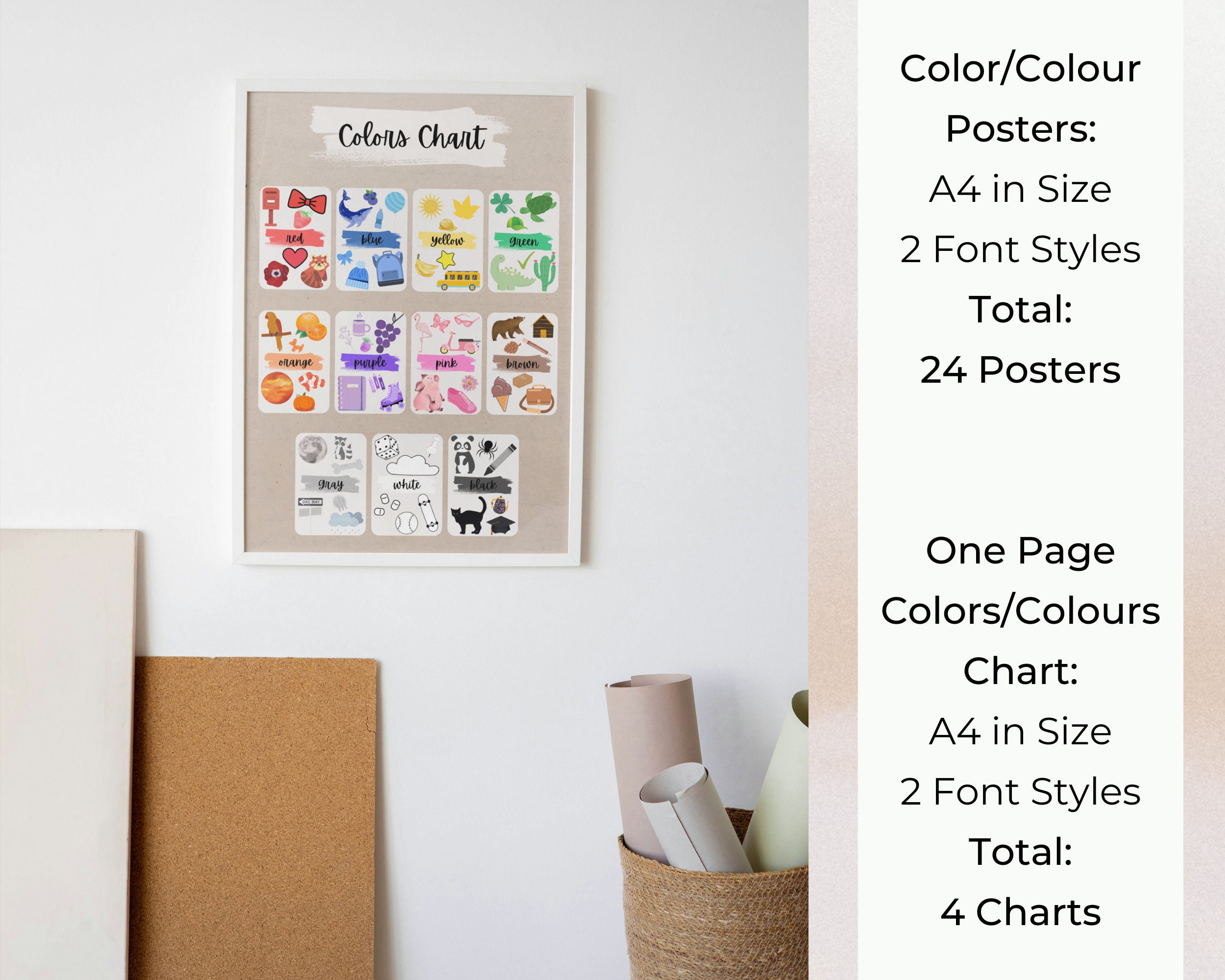 Color Chart Posters & One Page Colors Chart Bundle, Classroom Colour ...